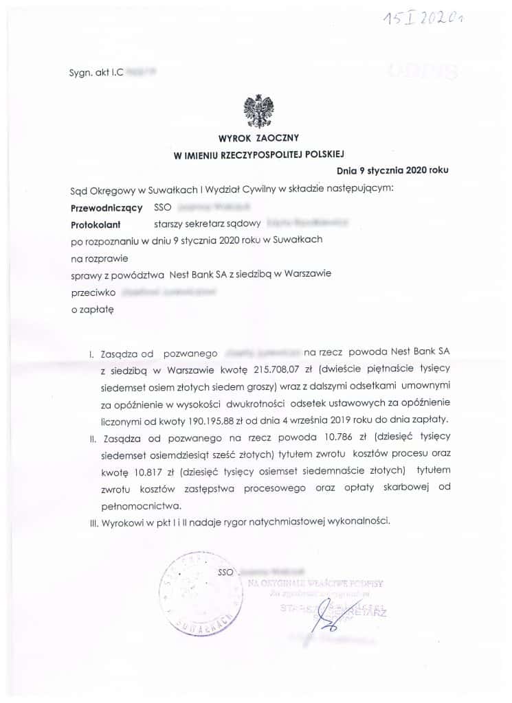 Wyrok zaoczny Nest Bank - sprzeciw I Wniosek o uchylenie
